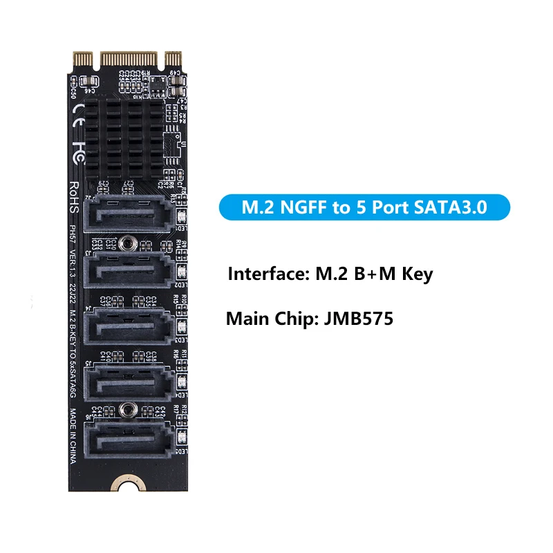 Adaptador M2 a SATA Tarjeta de expansión M.2 NGFF NVME a SATA3.0 Clave B+M Clave M a 5/6 puertos ...