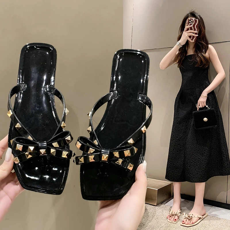 2025 Women's New Square Head Rivet Bow Flat Bottom Slippers for Outwear ...