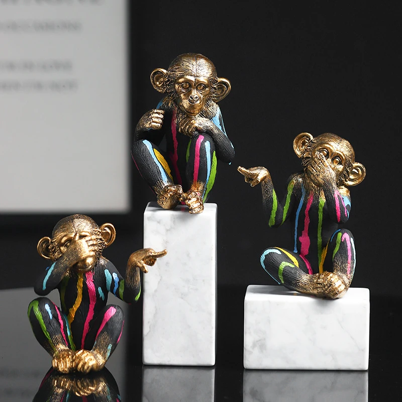 Resin Figurines Retro Color Monkey Ornaments Gorilla Animal Statuette Desk Living Room ...