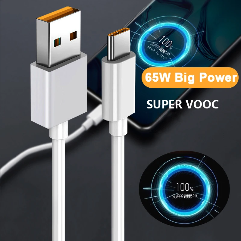 Cable USB tipo C Super VOOC de carga rápida, 65W, 6.5A, para Huawei Oppo, Realme, X50, X3, X5 ...