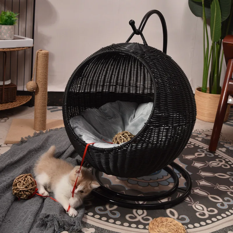 Cane Woven Cat Nest Basket Cat Hammock Plush Pet Nest Cat Nest Warm Pet ...