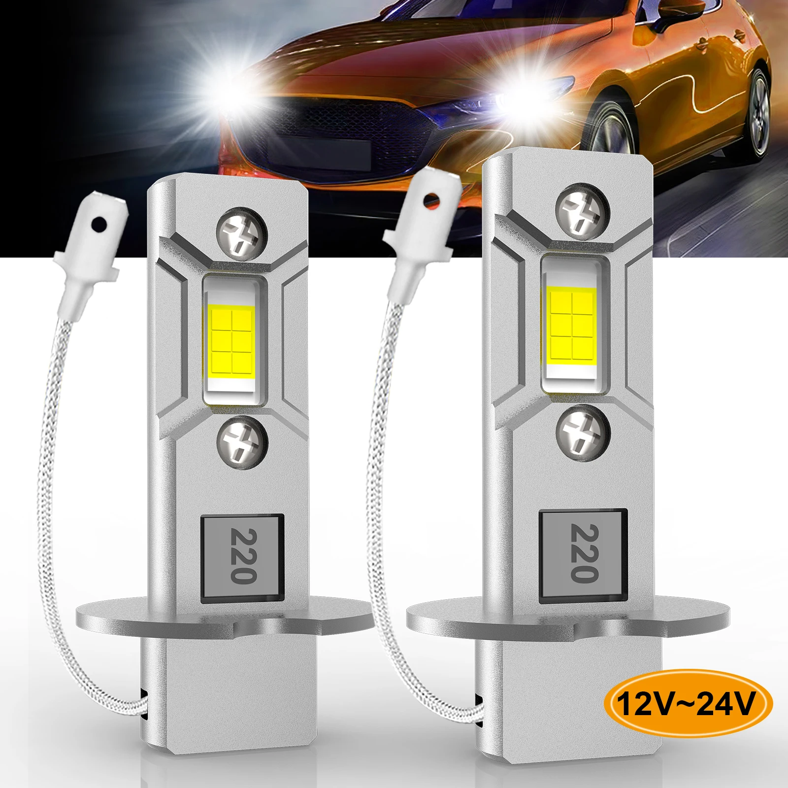 2Pcs-H3-LED-Headlight-Bulb-Canbus-No-Fan-High-Beam-6500K-White-3000K ...