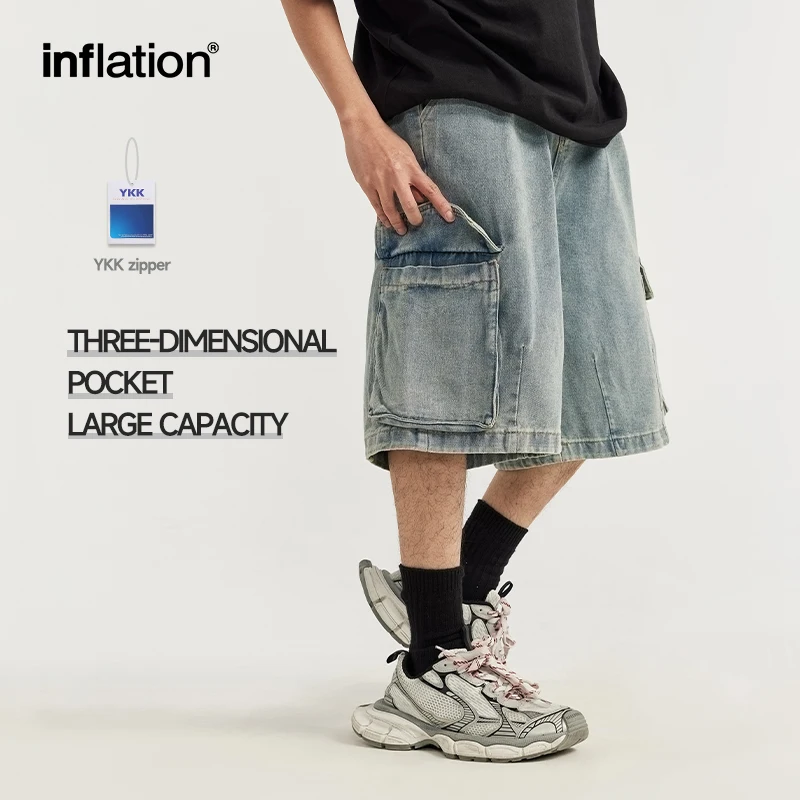 INFLATION-Washed-Wide-Leg-Cargo-Jeans-Shorts-Men-Distressed-Denim ...