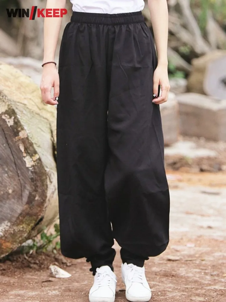 Women Cotton Linen Sports Trousers Solid Color Drawstring Loose Fit ...