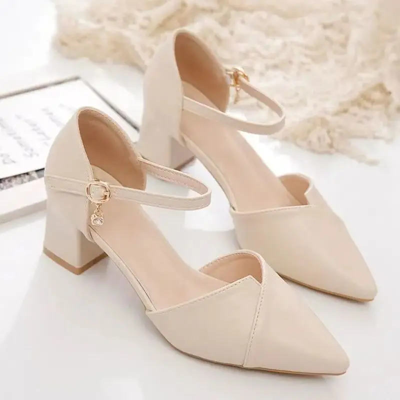 Ladies Elegant Beige Pointed Toe Thin Strap Cross Buckle Mid Heel ...