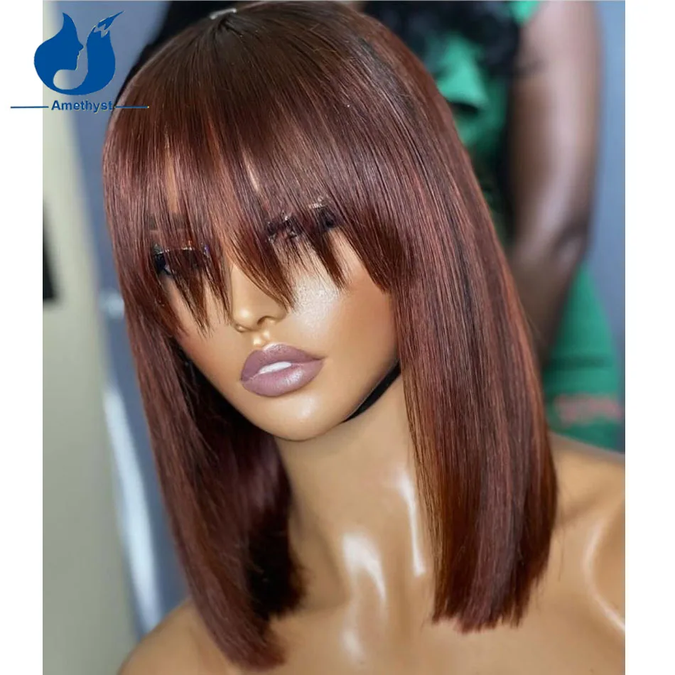Amethyst-Straight-Reddish-Brown-Bob-Wig-With-Bangs-Human-Hair-Scalp-Top ...
