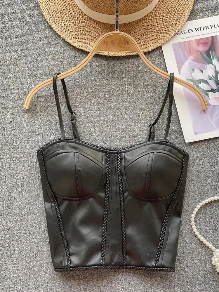 2024-Summer-Sexy-PU-Leather-Black-Camisole-Tops-Women-s-Gothic-Punk-Bra ...