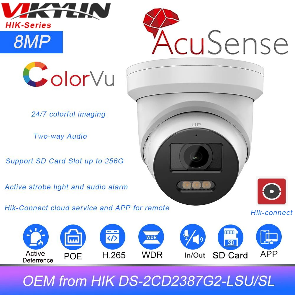 Vikylin HIK OEM 8MP ColorVu Acusense IP Camera DS-2CD2387G2-LSU/SL Strobe Light Audible Warning ...