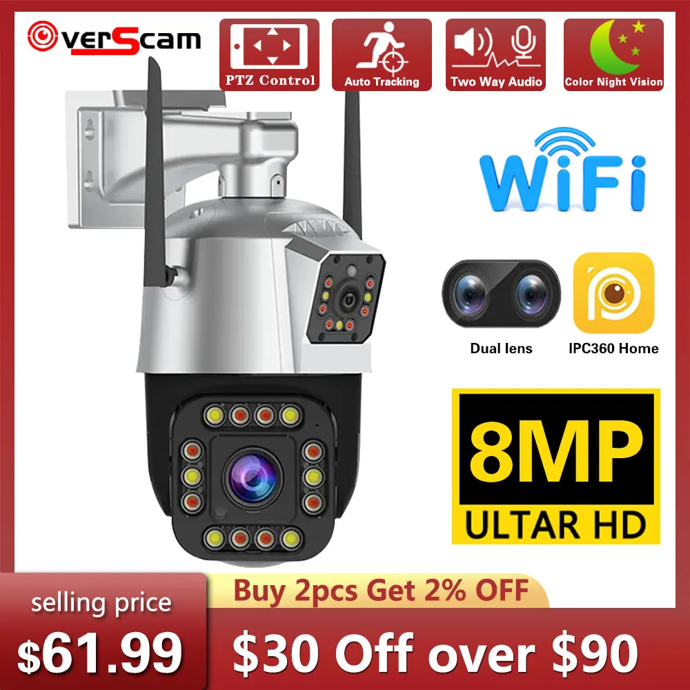 Overscam 4mpx2 4k câmera ip ao ar livre wifi ptz 2 lente dupla telas de ...