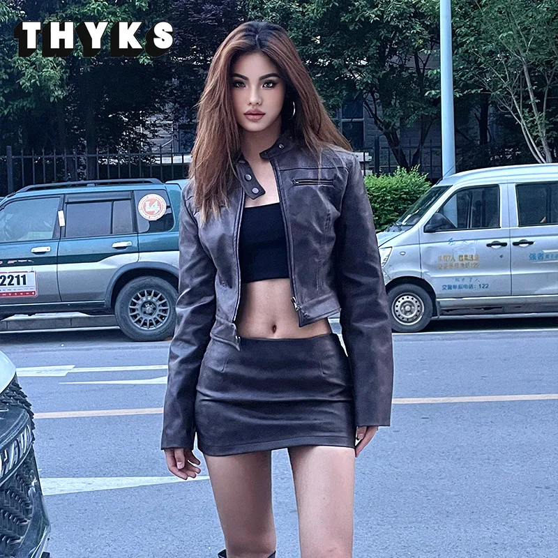 Punk-Style-Short-Skirt-Set-Women-Retro-Stand-Collar-Zip-Leather-Jacket ...