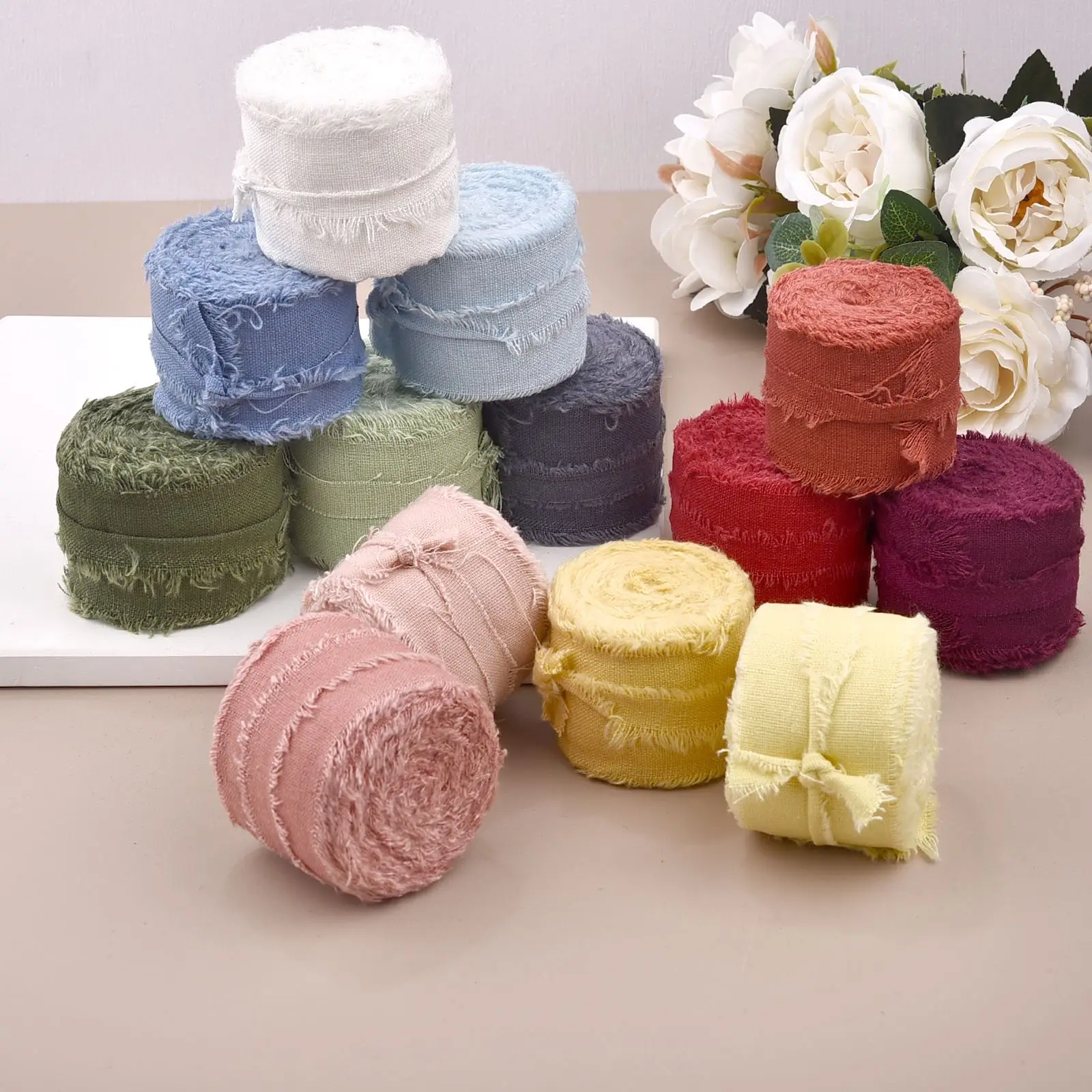 4CM*5M Hand-Torn Frayed Edge Cotton Linen Ribbon For Wedding Invitation ...