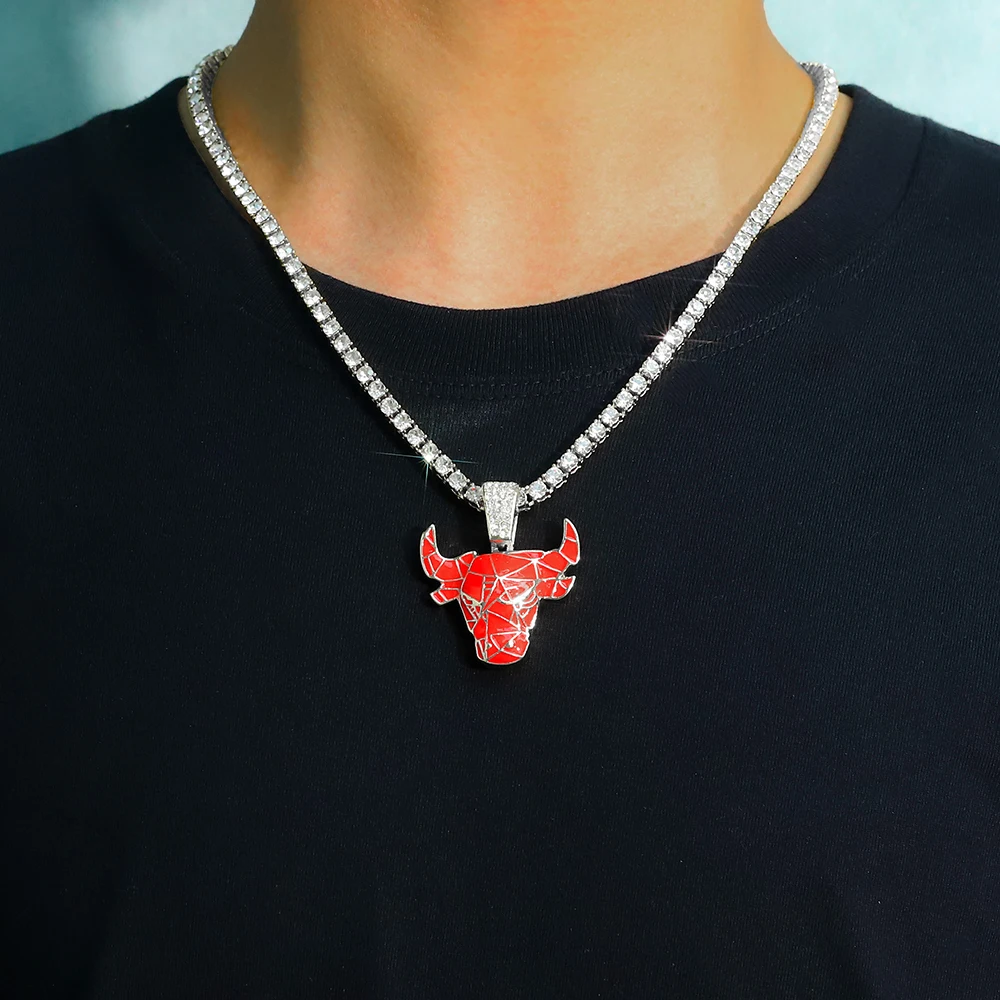 Iced-Out-Red-Bull-Pendant-Necklace-Match-4mm-Bling-Tennis-Chain-Animal ...