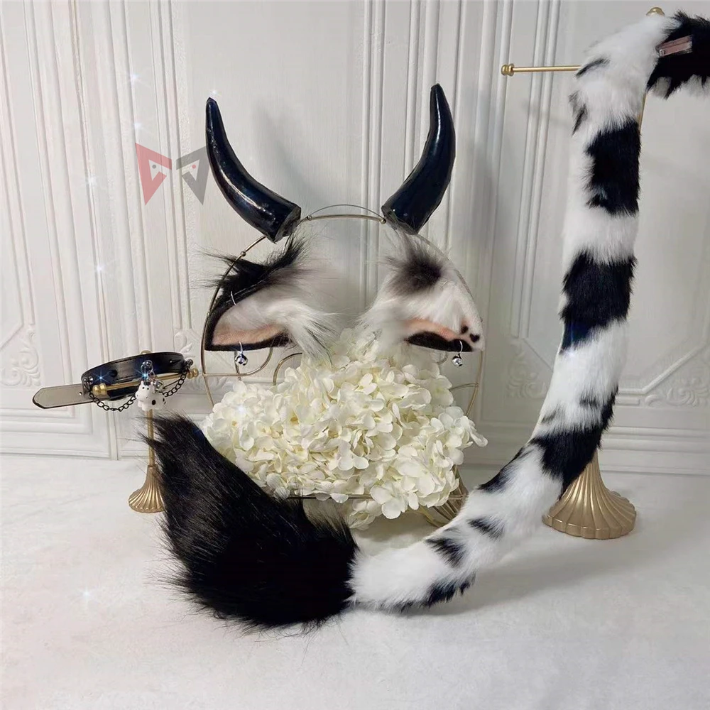 MMGG New Dairy Cow Ox Ears Horns Hairhoop Beast Fox Style Headwear Tail ...