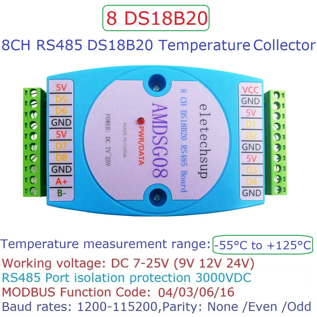 8 DS18B20 temperature acquisition module / RS485 MODBUS RTU ...