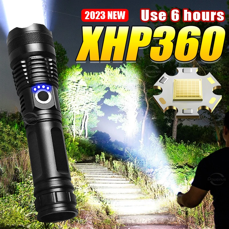 Ultra Bright XHP360 LED Flashlight High Power Flash Light Type-C ...