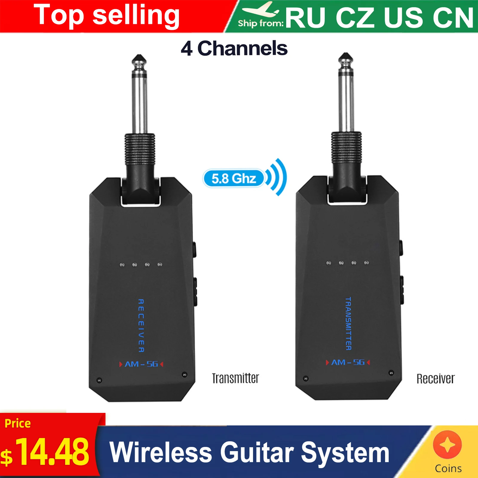 Ammoon Am-5g Wireless 5.8g Guitar System Rechargeable Audio Transmitter ...