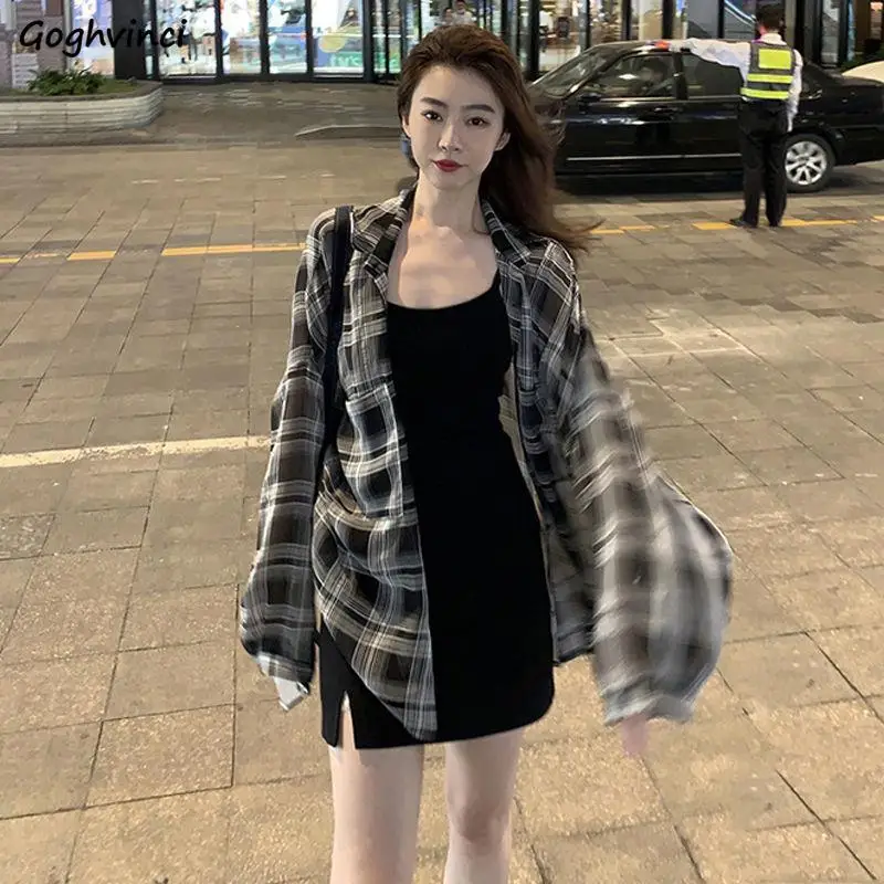 여성용 격자 무늬 셔츠 헐렁한 우아한 데일리 아우터 자외선 차단 쉬폰 캐주얼 트렌디 여성 얼짱 긴팔 의류 기본 여름셔츠