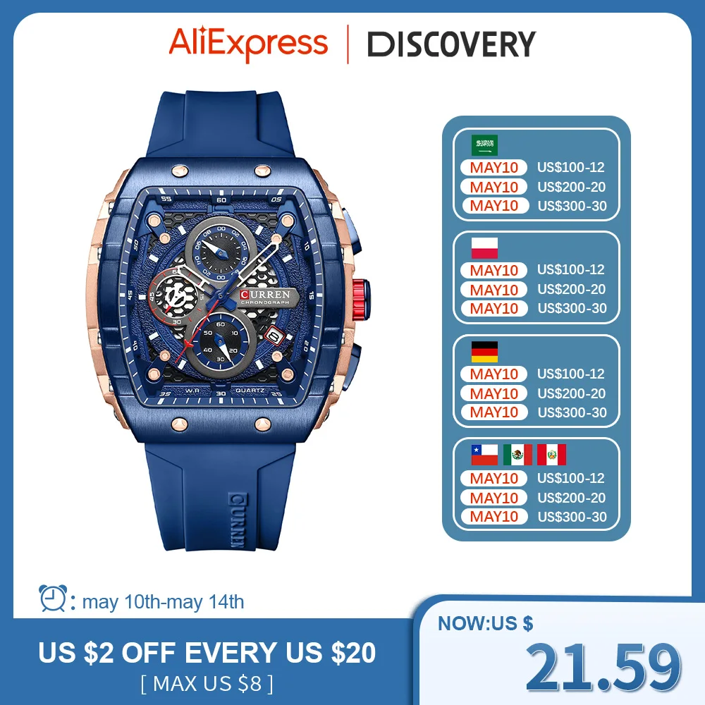 Curren Sports Unique Square Watches With Large Dial Casual Quartz ...