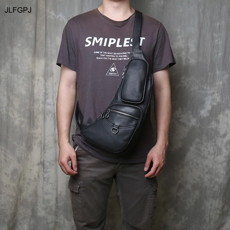 JLFGPJ New Retro Crescent Shaped Men's Genuine Leather Chest Bag With ...