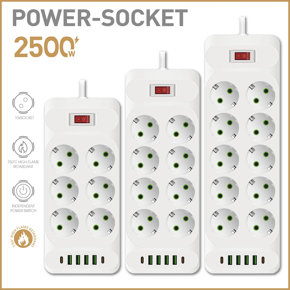 Ue-plug-power-strip-ac-outle-com-usb-tipo-c-extens-o-2m-cabo ...