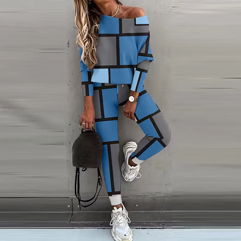 New-Spring-Geometry-Print-Women-Sets-Casual-Off-Shoulder-Sweatshirt ...