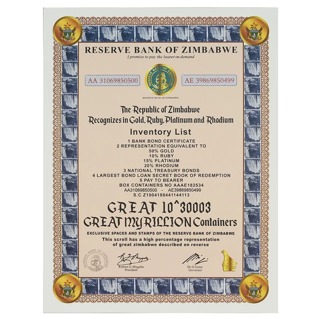 Zimbabwe Great Myrillion Containers Certificate 10 ^ 30003 Zimbabwe ...