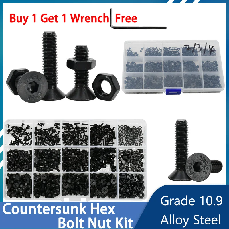 Grade-10-9-Carbon-Steel-Black-Countersunk-Flat-Head-Hex-Bolt-Nut-Kit ...