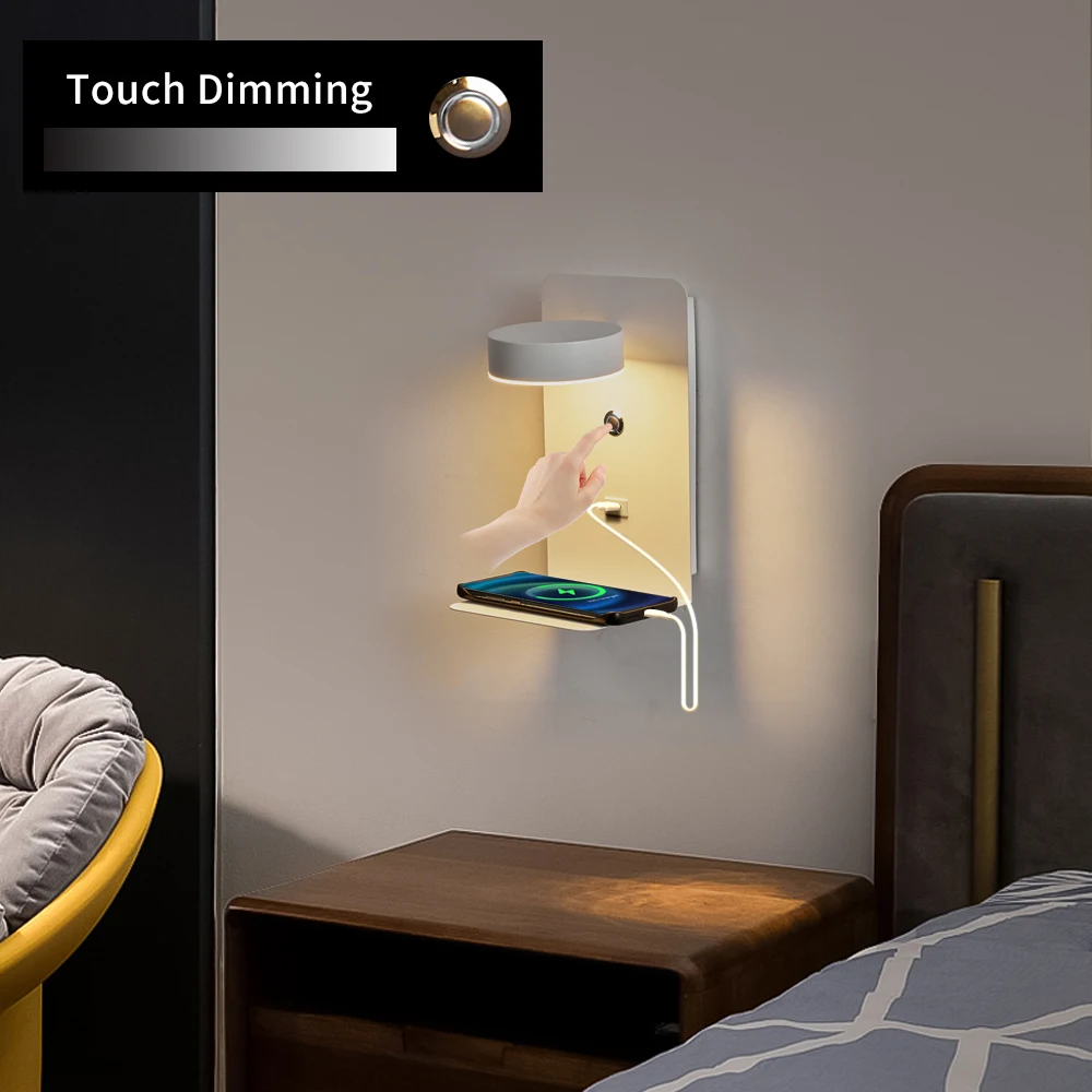 Bedside LED Wall Lamp With Shelf Bedroom USB Charging Interface ...