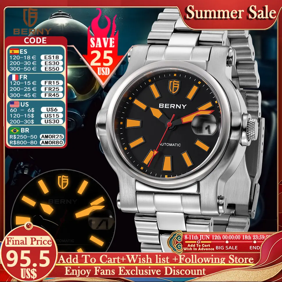 BERNY-Reloj de pulsera automático para hombre, resistente al agua, 10ATM, Seiko NH35, zafiro ...