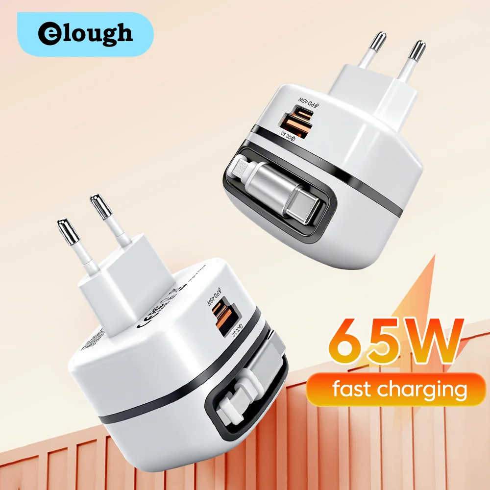65W USB Type C Fast Charge Mobile Phone Charger With Retractable Type C ...