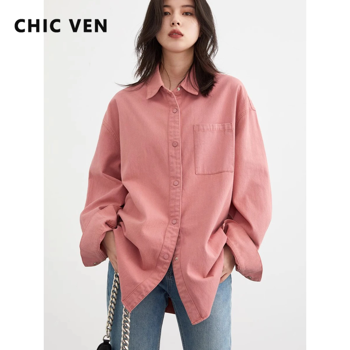 CHIC-VEN-Women-Shirt-New-Solid-Denim-Cotton-Long-Sleeve-Blouses-Female ...