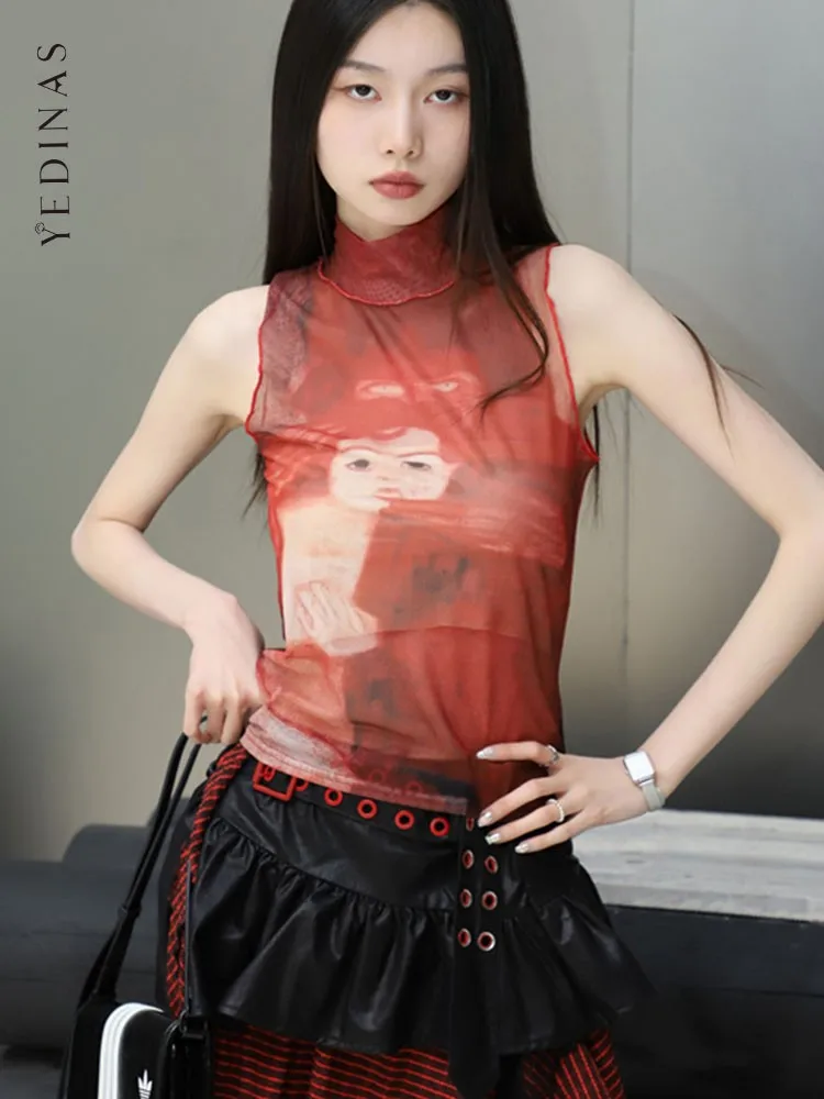 Yedinas Gothic Red Mesh Tops Ptint Tank Top Sleeveless Graphic Tees See ...