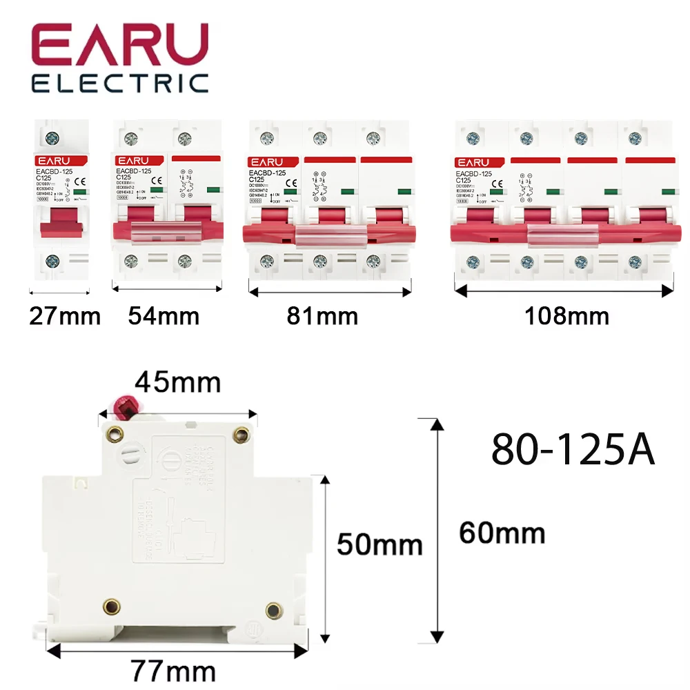Earu EACBDC 1000V 1P 2P 3P 4P Mini Solar Circuit Breaker Overload Protection Switch 6A~63A/80A ...