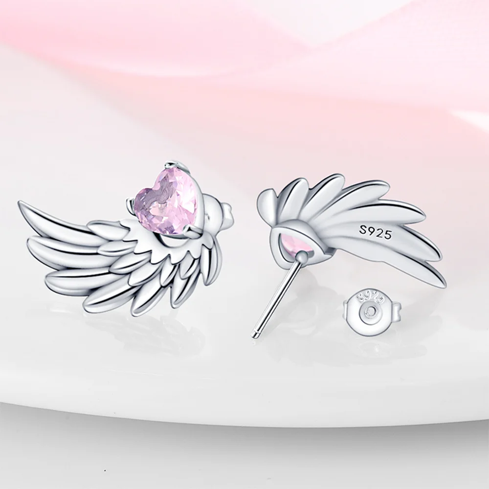 925 Sterling Silver Wing with Heart-Inlaid Stud Earrings For Women ...