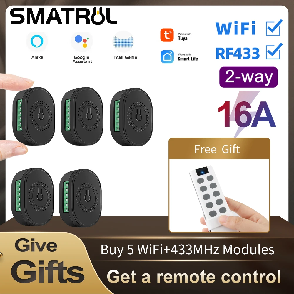 Smatrul 16a Tuya Wifi Rf433 Smart Wireless Switch Light Mini 2 Way Module On Off Timer Breaker ...