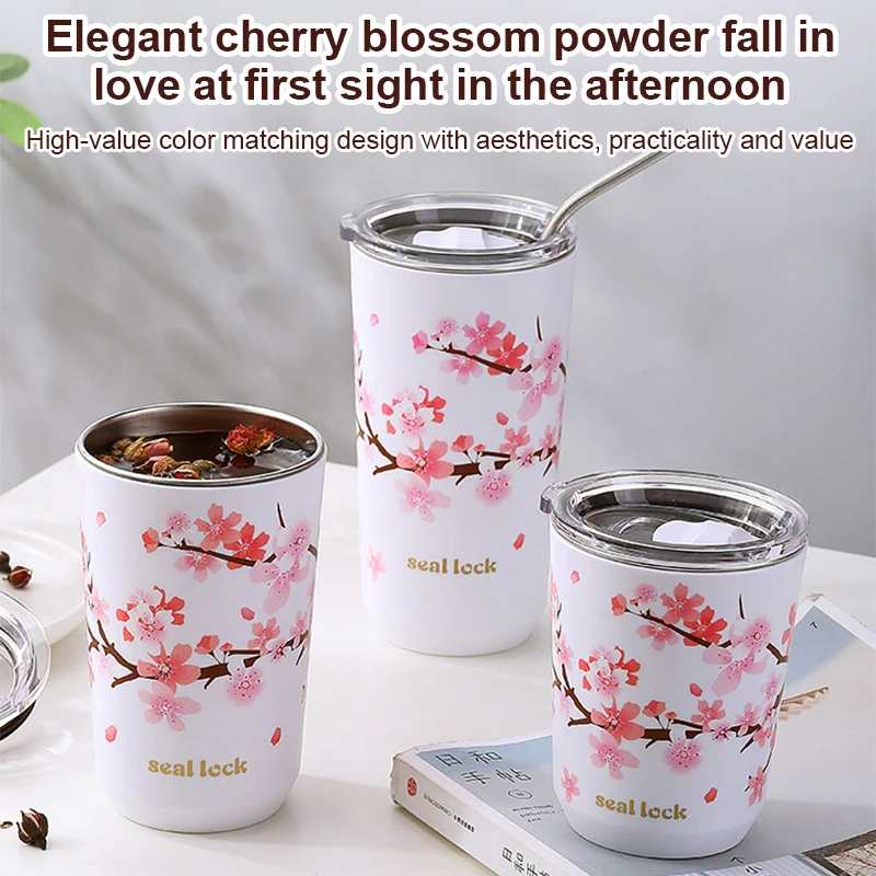 Stainless Steel Cherry Blossom Thermal Mug With Lid Double Wall Coffee ...