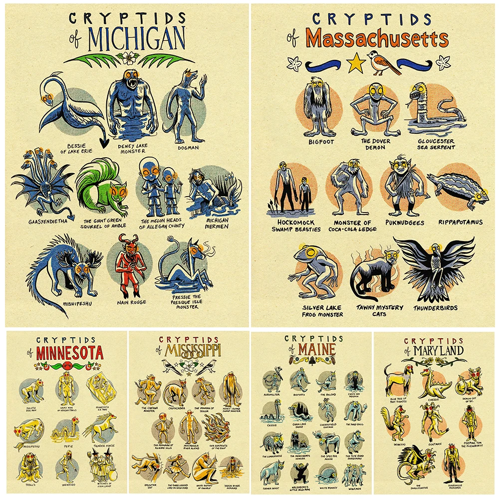 Cryptids-Of-Maine-Maryland-And-Michigan-Vintage-Wall-Art-Canvas-Painting-Goatman-Demon-Cat-Dover ...