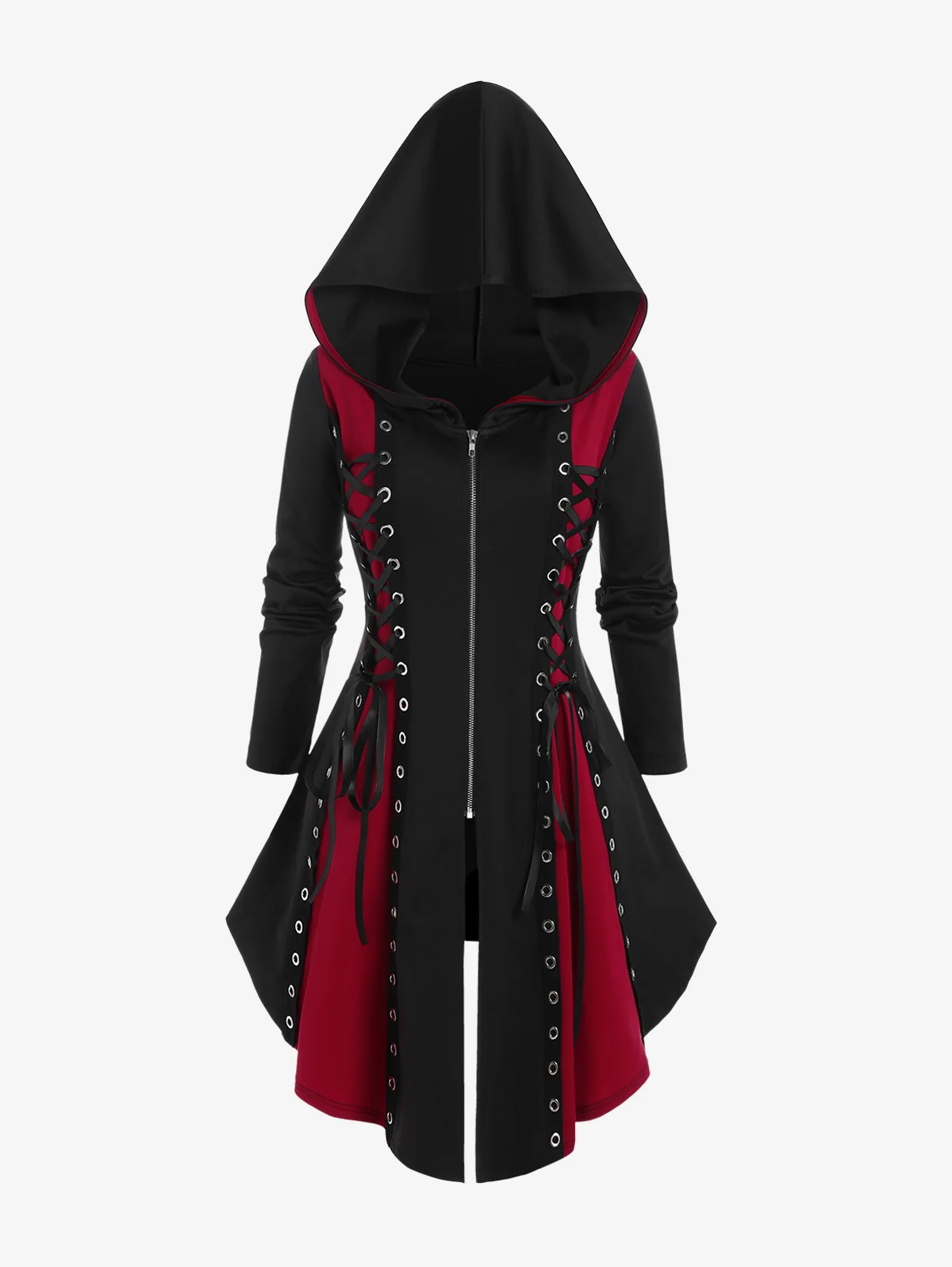 Rose Gal Gothic Hooded Lace Up Grommets Colorblock Coat Long Sleeves ...