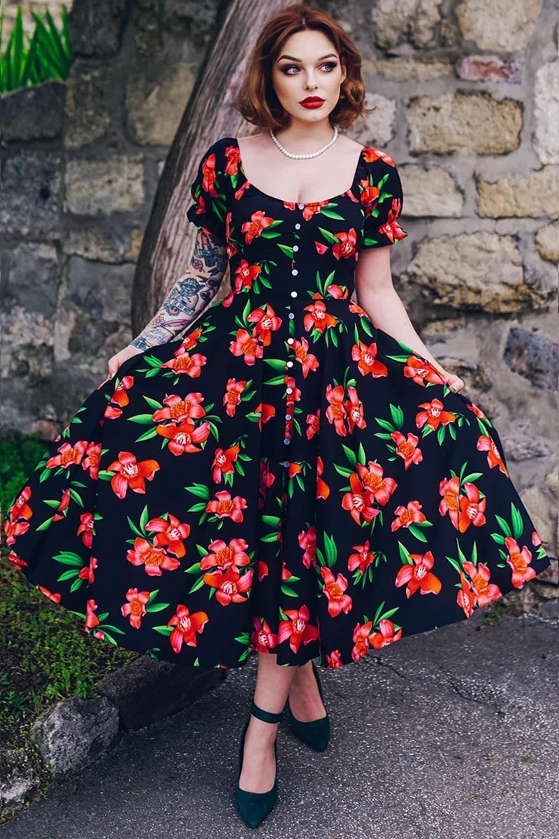 Plus-Size-Sweet-Women-s-Dress-Black-Party-Floral-Print-Off-The-Shoulder ...