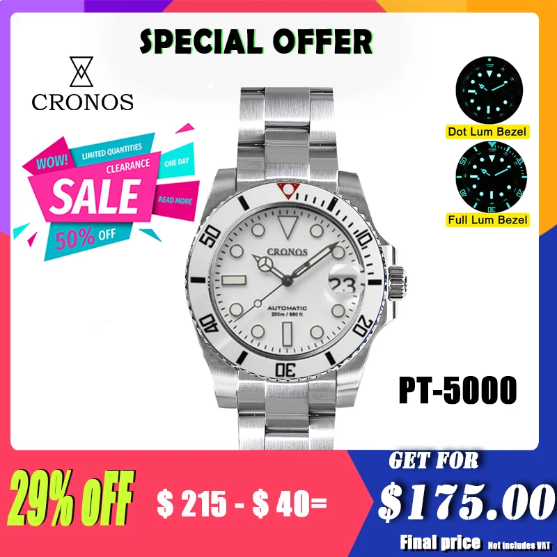 Cronos-Sub-Diver-Men-Watch-White-Dial-With-Date-PT5000-Ceramic-Bezel ...