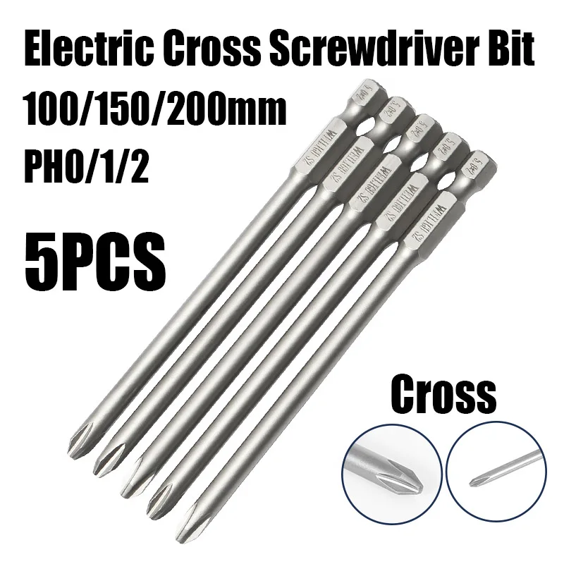 5PCS 100/150/200mm Electric Cross Screwdriver Bit Set PH0/1/2 Magnetic ...