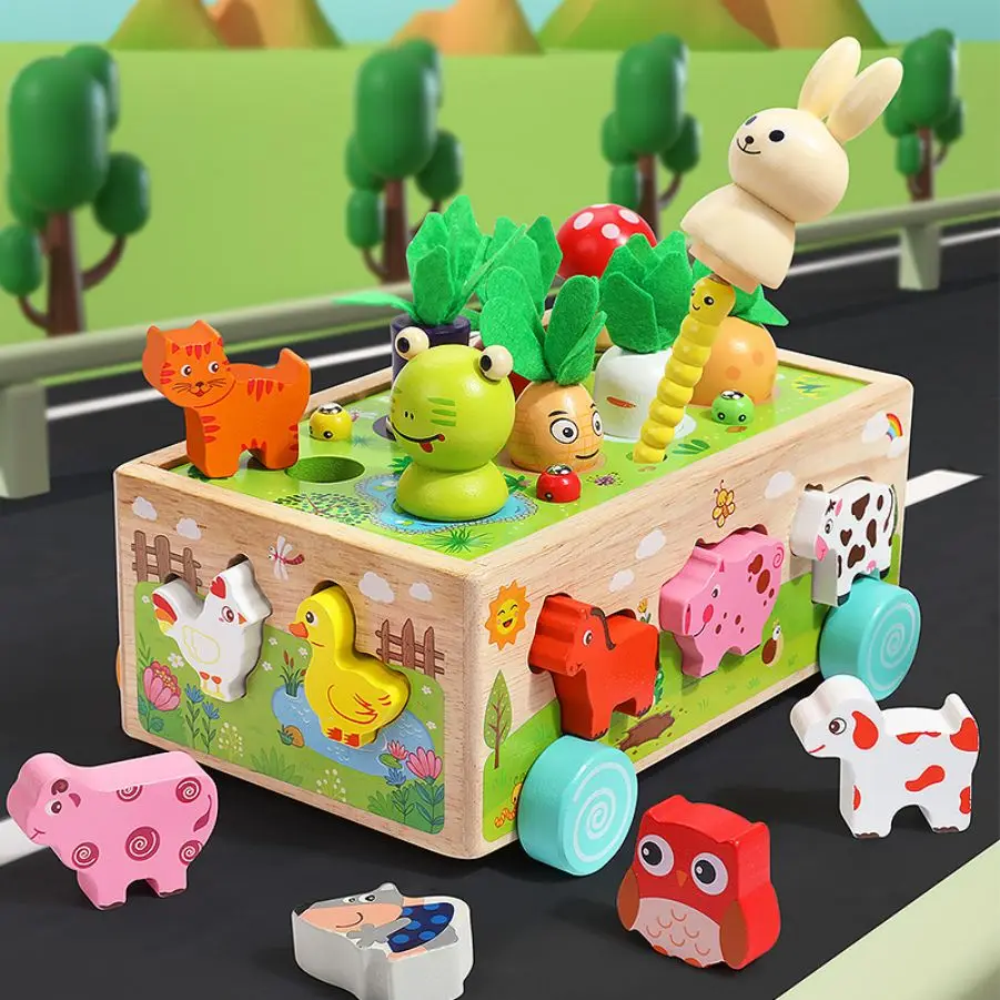 Wooden Shape Assortment Matching Children Toys Animals Game Cart ...