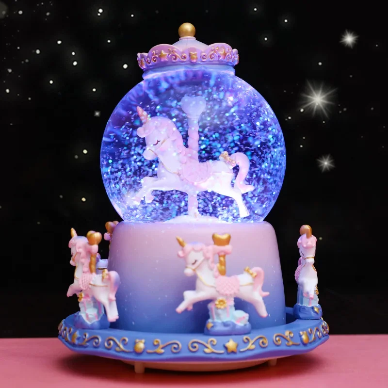 Carousel Music Box Snow Dream Crystal Ball Eight Tone Box Glass Resin ...