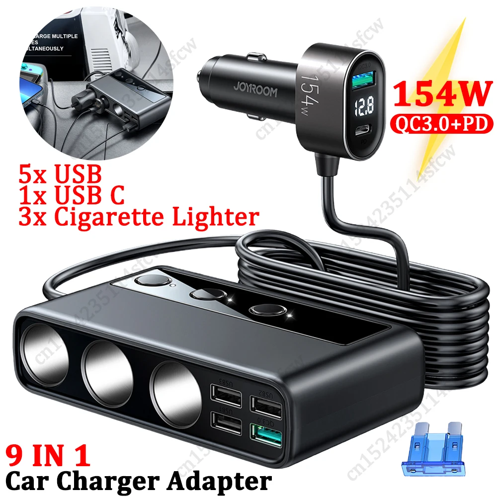 154W-9-in-1-Car-Charger-Adapter-QC3-0-PD-USB-3-Socket-Cigarette-Lighter ...