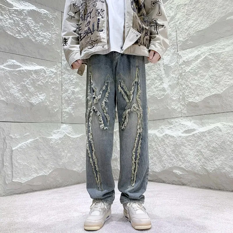 2023-Y2K-Streetwear-Cross-Patchwork-Baggy-Stacked-Jeans-Pants-For-Men ...