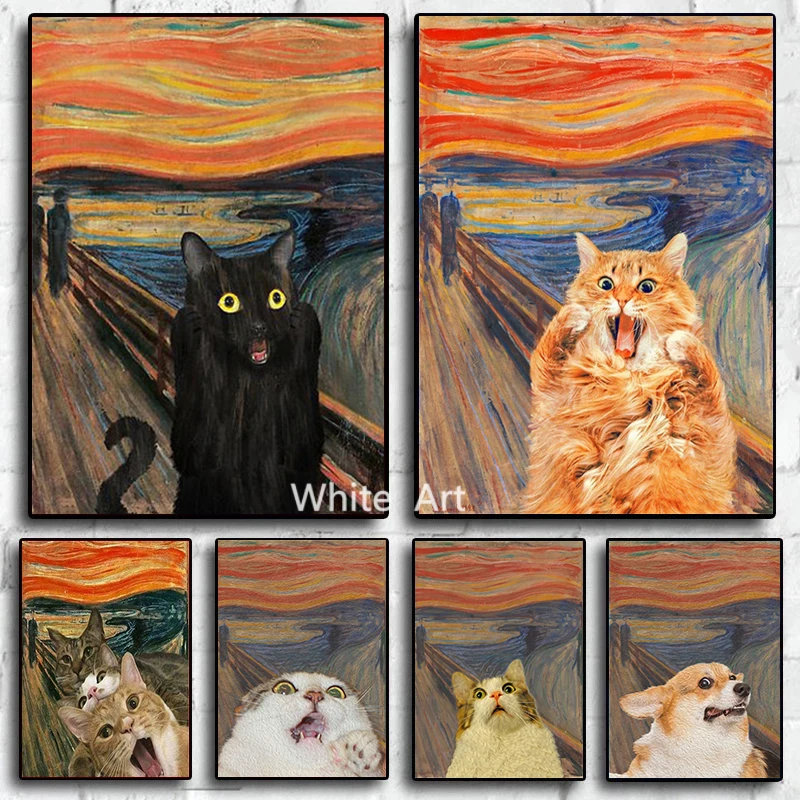 Munch-The-Scream-p-ster-divertido-gato-Animal-lienzo-pintura-HD-impresi ...