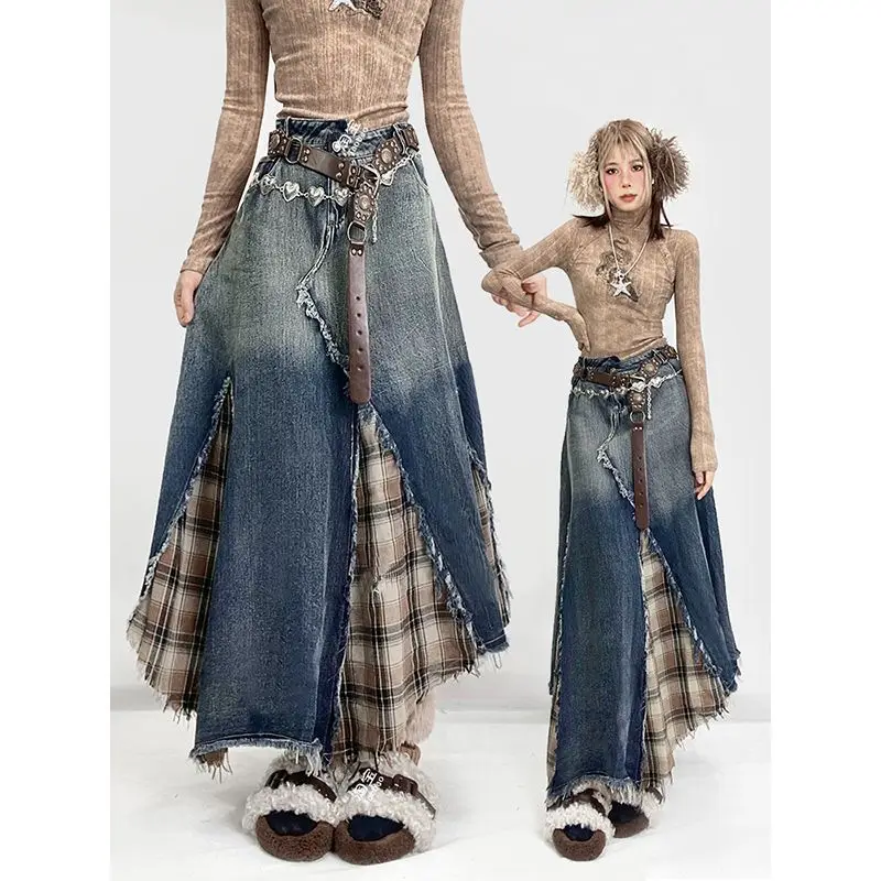 Spring Y2k Plaid Patchwork Denim Long Skirt Women Slim A-line Loose ...