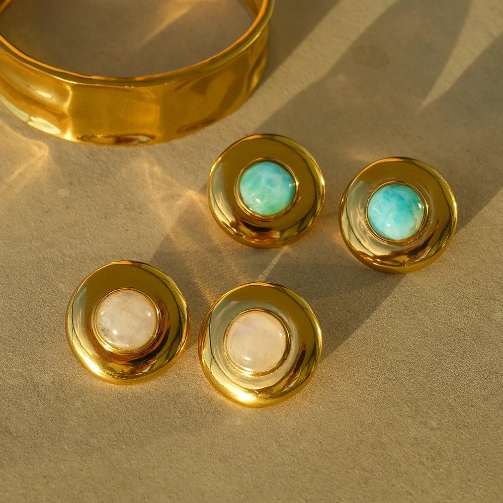 Ethnic Natural Stone Round Stud Earrings for Women Gold Color Smooth ...