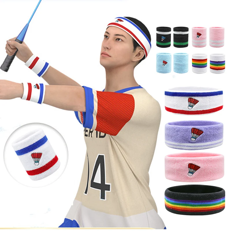 Cotton Badminton Sport Headband Elastic Sweatband With 2Pcs Wrist Guard ...