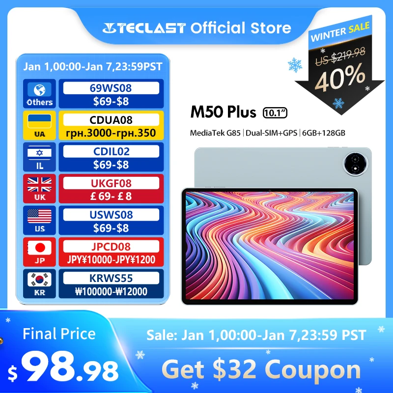 【Novo】Teclast m50 plus tablet 10.1 "tela 6gb 128gb helio g85 8-core 7000mah bateria android 14 ...